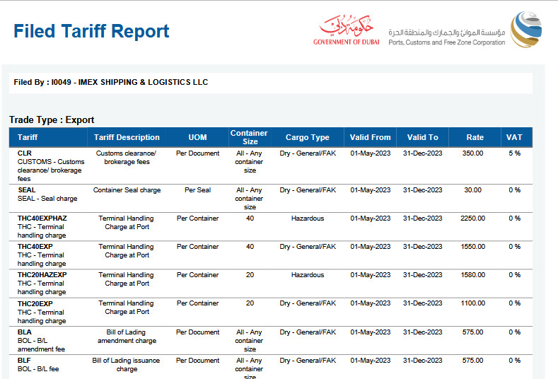DXB Tariff - Imex Shipping